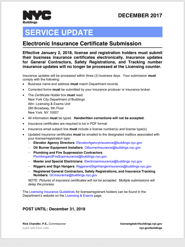 Insurance Update for contractors department of Buildings (service update)